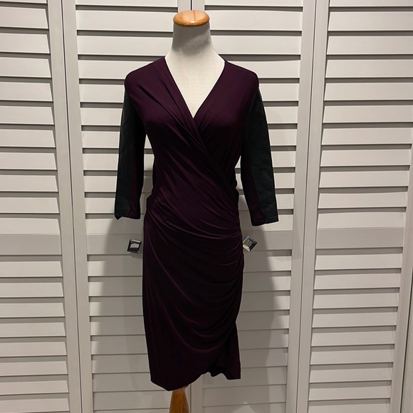 Mason | Dresses | Mason Side Ruched Lamb Leather Sleeve Dress In A Deep ...